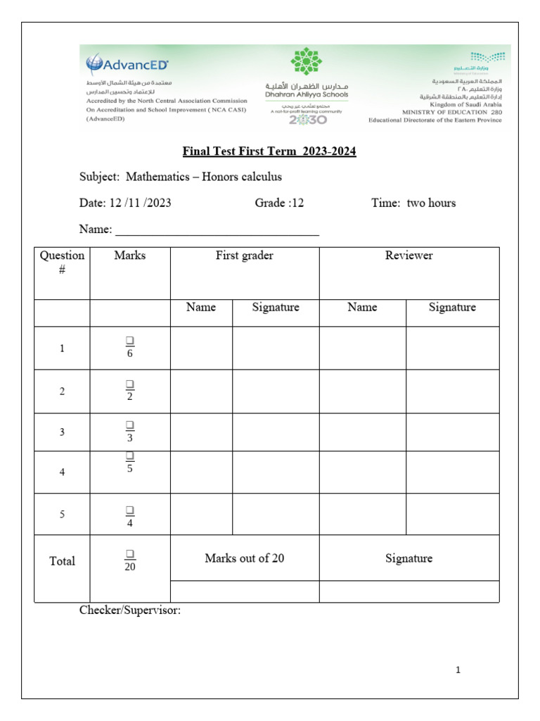 Grade 12-NON AP Calculus Final Exam 2023 | Download Free PDF ...