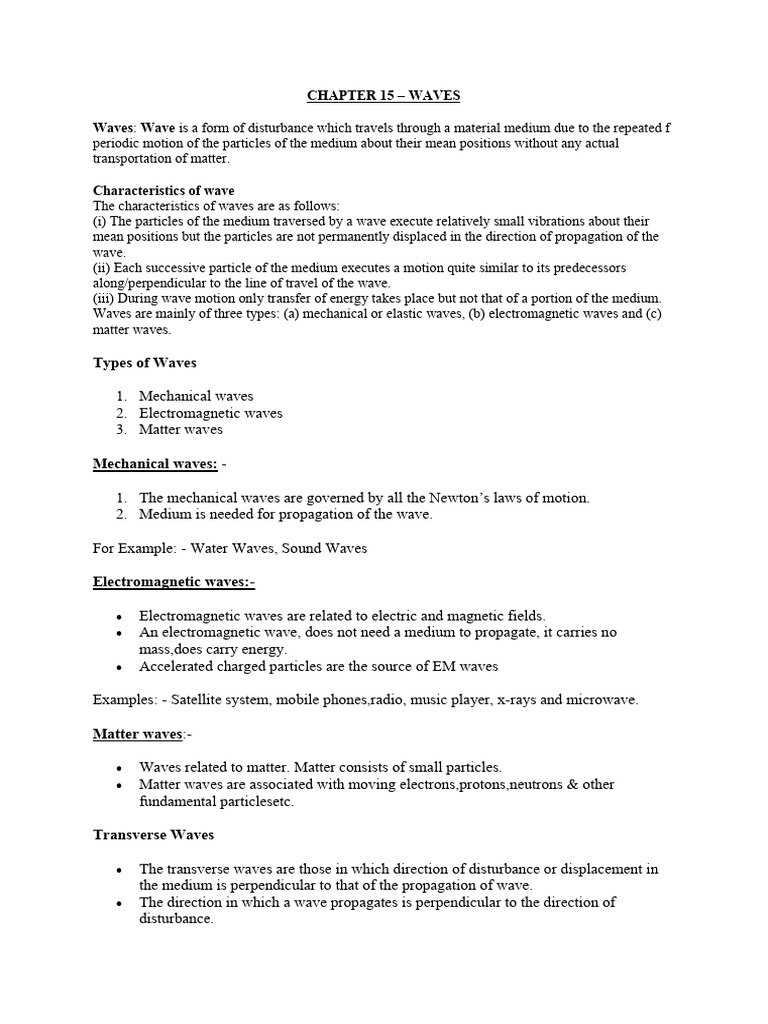 Chapter 15 Waves Notes Pdf Waves Electromagnetic Radiation