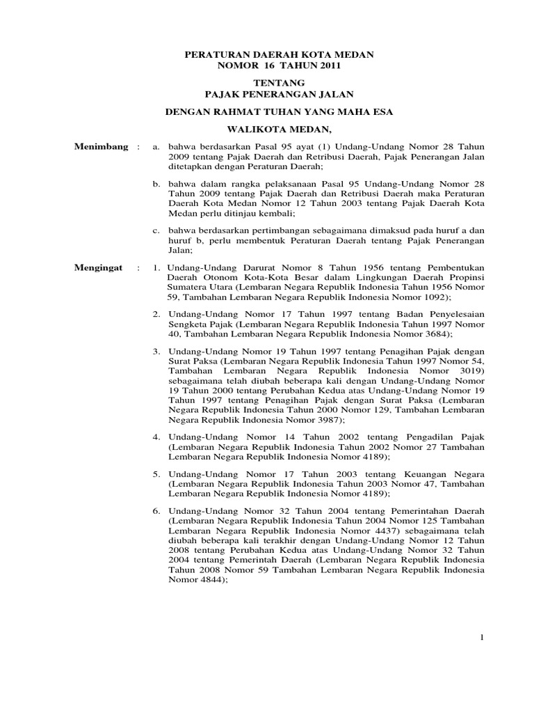 Perda Kota Medan No.16 THN 2011 TTG Pajak Penerangan Jalan | PDF