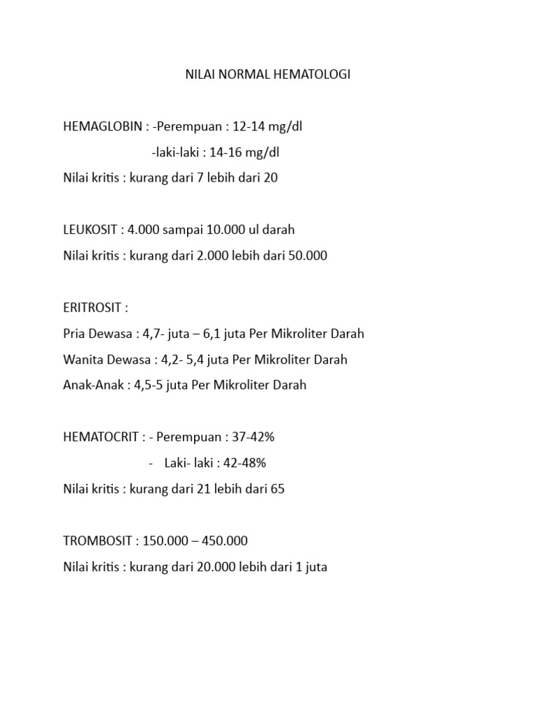 Nilai Normal Hematologi | PDF