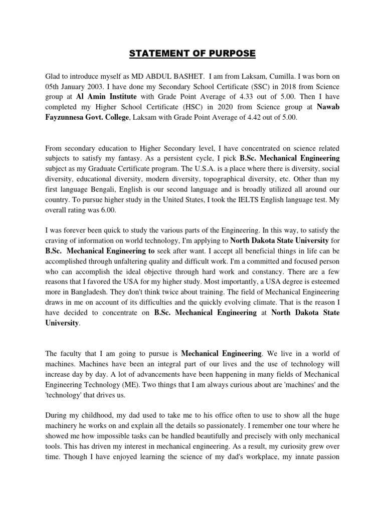 STATEMENT OF PURPOSE Bashet North Dakota | PDF | Engineering | Mechanical Engineering