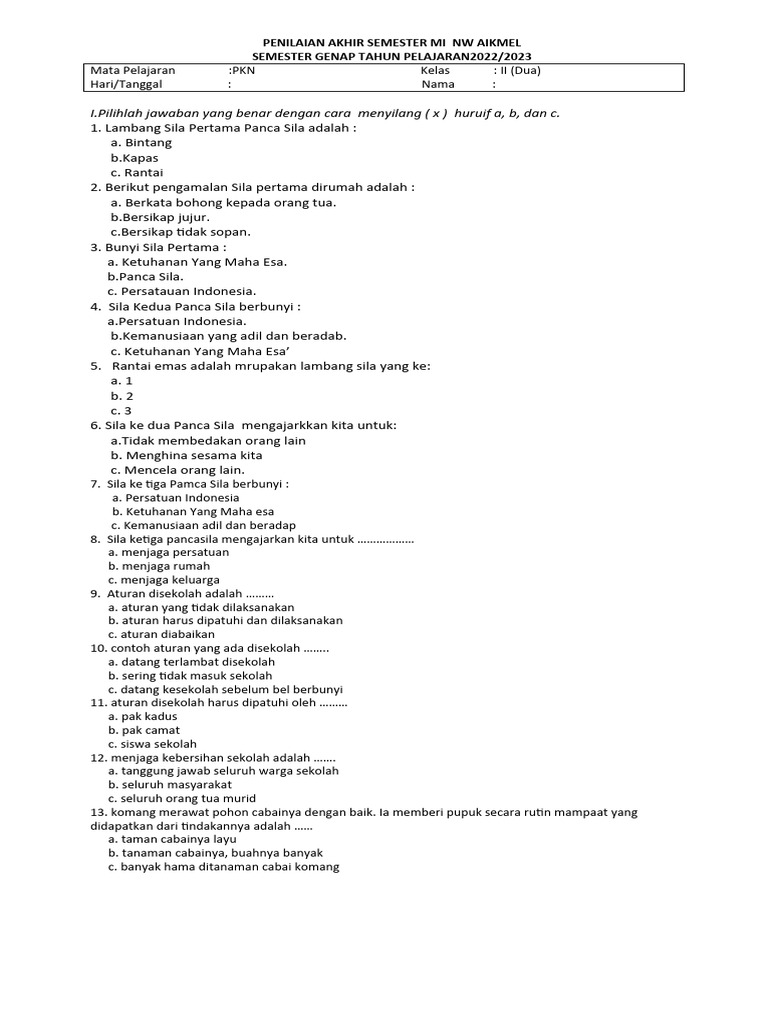 Soal PKN Kelas 2 Penilaian Akhir Semester Mi NW Aikmel Semester Genap Tp. 2022-2023 | PDF