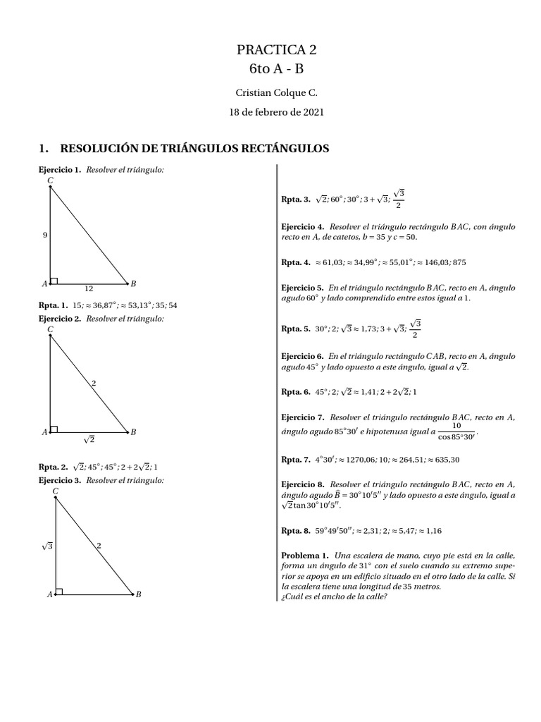 Practica Resolucion Triangulos Retangulos | PDF | Triángulo ...