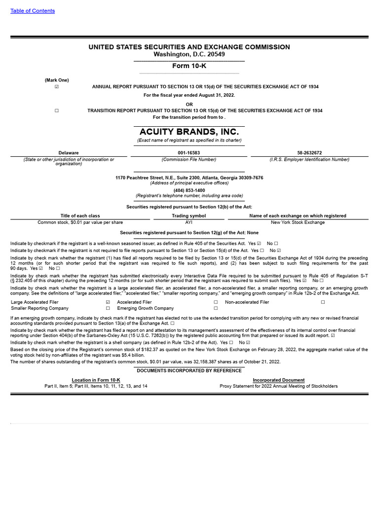 10k 22 Acuity Brands | PDF | Form 10 K | Supply Chain
