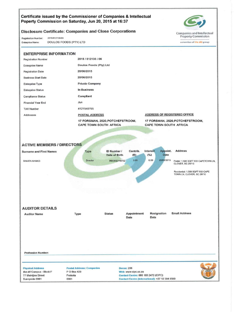 Doulos Foods (Pty) LTD License | PDF
