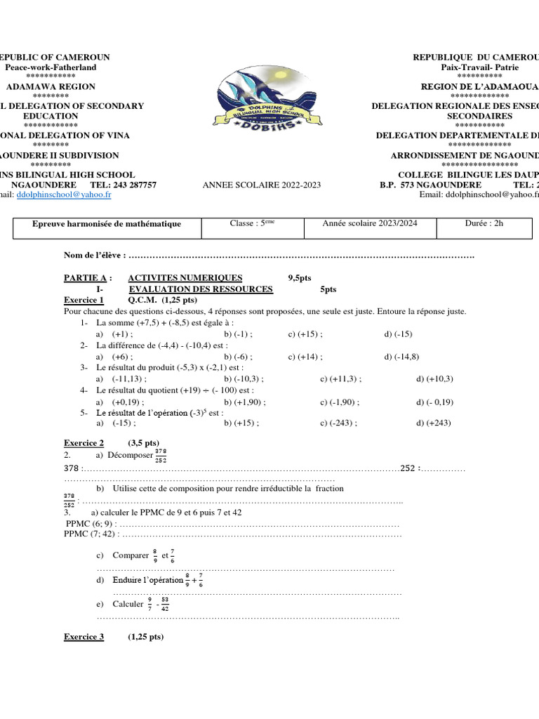 Épreuve de maths 5e - Année 2023/2024 | PDF | Triangle | Euclide