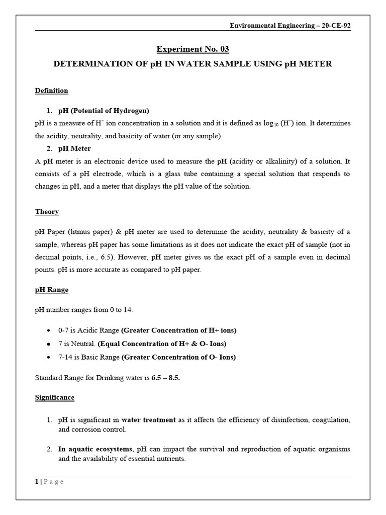 Experiment No. 03 Determination of PH in Water Sample Using PH Meter | PDF | Ph | Earth Sciences