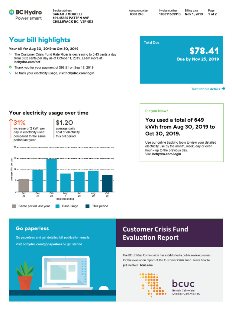Your Bill Highlights: Your Electricity Usage Over Time You Used A Total ...