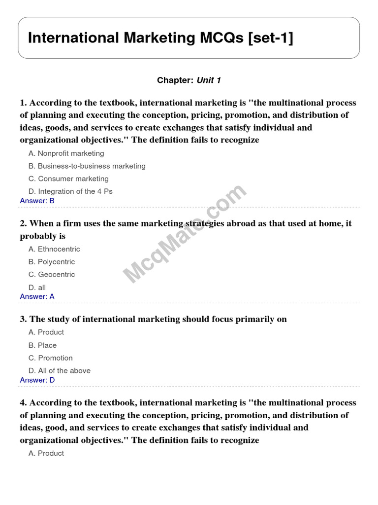 International Marketing MCQs Overview | PDF | Marketing | Market ...