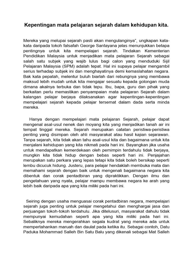 Kepentingan Mata Pelajaran Sejarah Dalam Kehidupan Kita Pdf