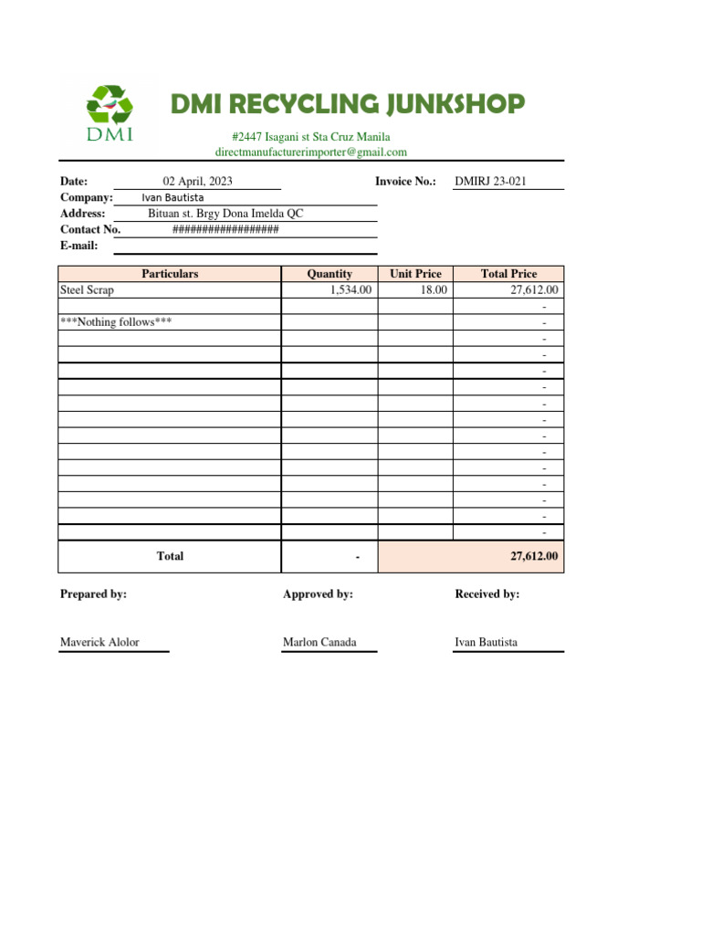 DMI Recycling Junkshop Invoice (Ivan Bautista) | PDF