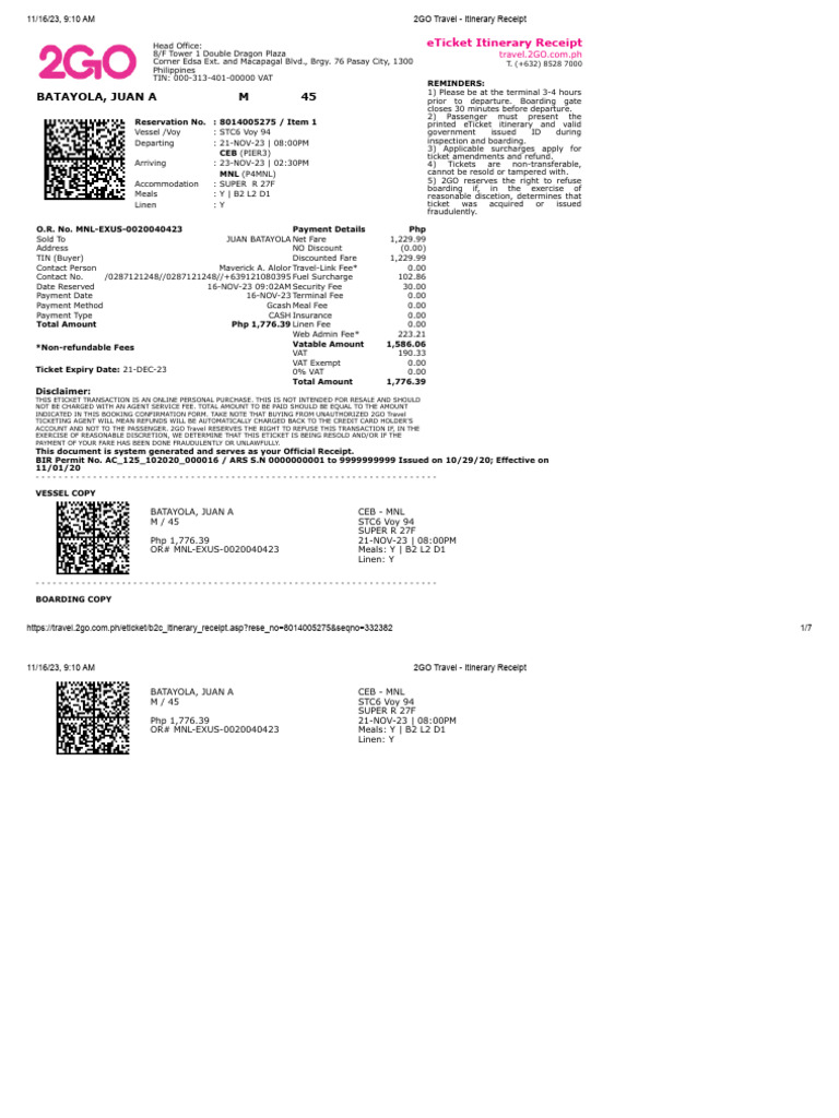 2GO Travel - Itinerary Receipt Employee (DMI) | PDF | Ticket (Admission) | Legal Liability