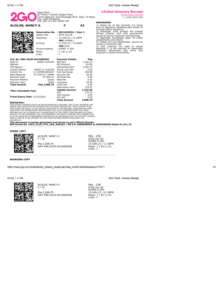 Nancy Alolor 2GO Travel - Itinerary Receipt | PDF | Ticket (Admission ...