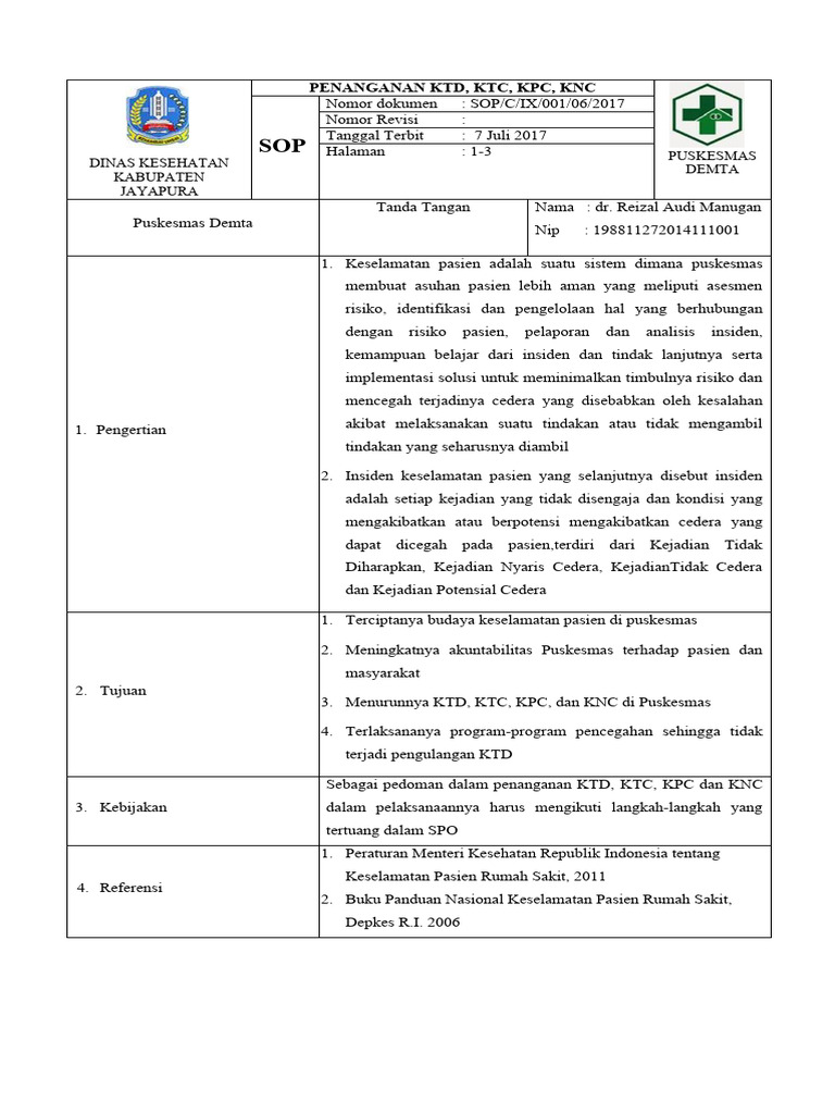 9.1.1 Ep 6 Sop Penanganan KTD, KTC, KPC, KNC Demta | PDF | Sains & Matematika