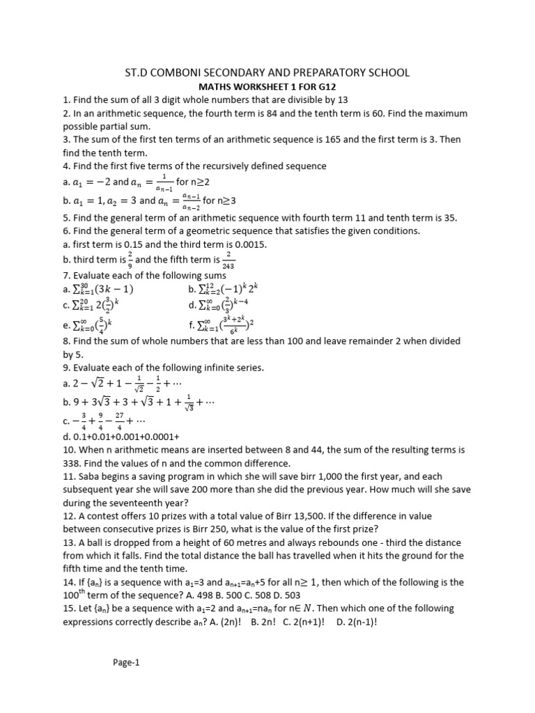 2016 Maths Worksheet 1 For g12 | PDF | Sequence | Elementary Mathematics