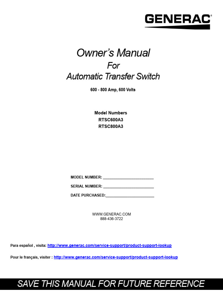Owner's Manual: For Automatic Transfer Switch | PDF | Switch | Thermostat