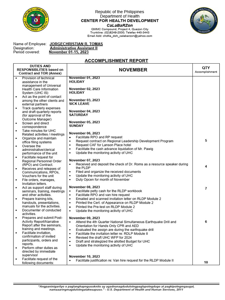 November Accomplishment Report: Admin II | PDF | Finance & Money Management