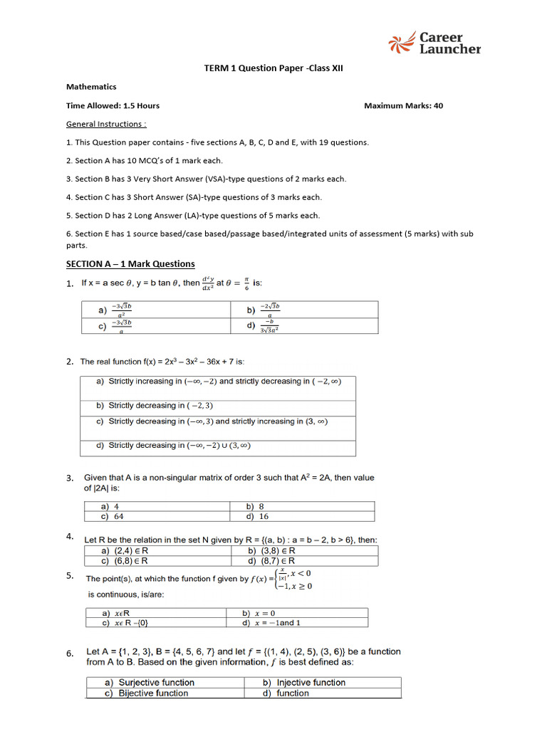 Class 12 Term 1 Math Question Paper | PDF | Function (Mathematics ...