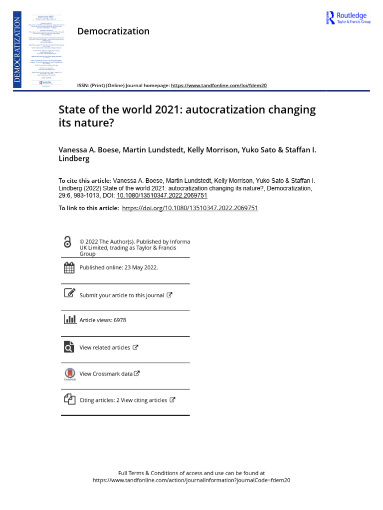 Boese Et Al - State of The World 2021 Autocratization Changing Its ...
