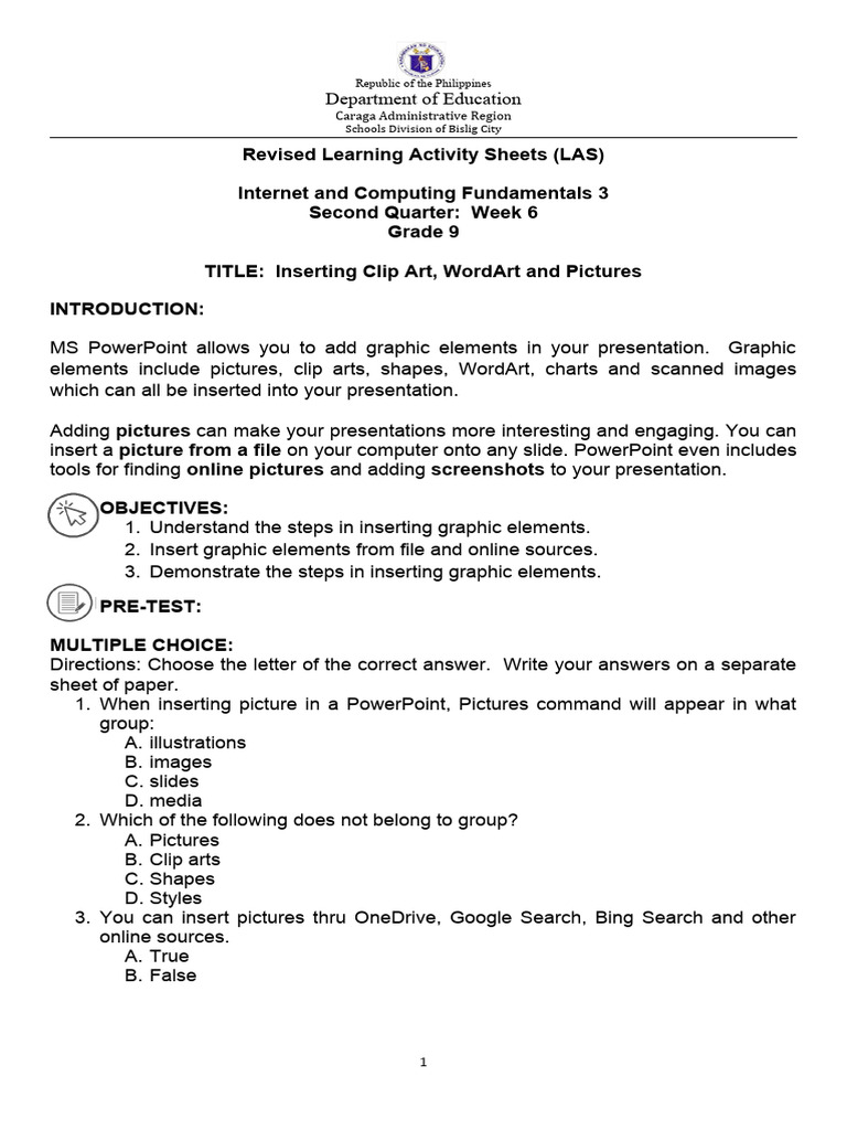 ICF 3 - LAS - W6 - Inserting Clip Art, WordArt and Pictures | PDF | Graphics | Microsoft Power Point