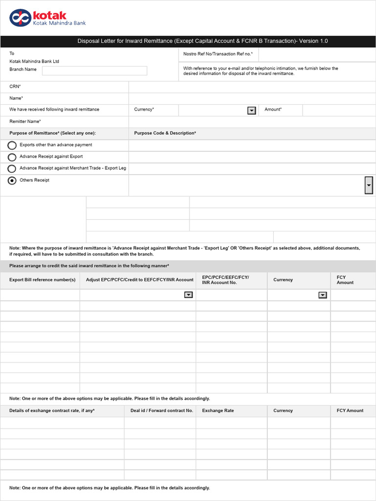 Inward Remittance Disposal Instruction-Kotak | PDF | Receipt | Credit Card
