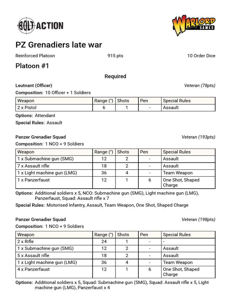 Bolt Action Panzer Grenadiers Late War Platoon | PDF | Barrage (Artillery) | Machine Gun