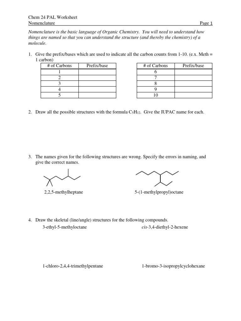 Chem 24 Pal Worksheet Nomenclature | PDF