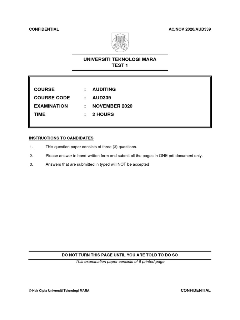 UiTM Auditing Exam Nov 2020 | PDF | Audit | Financial Audit