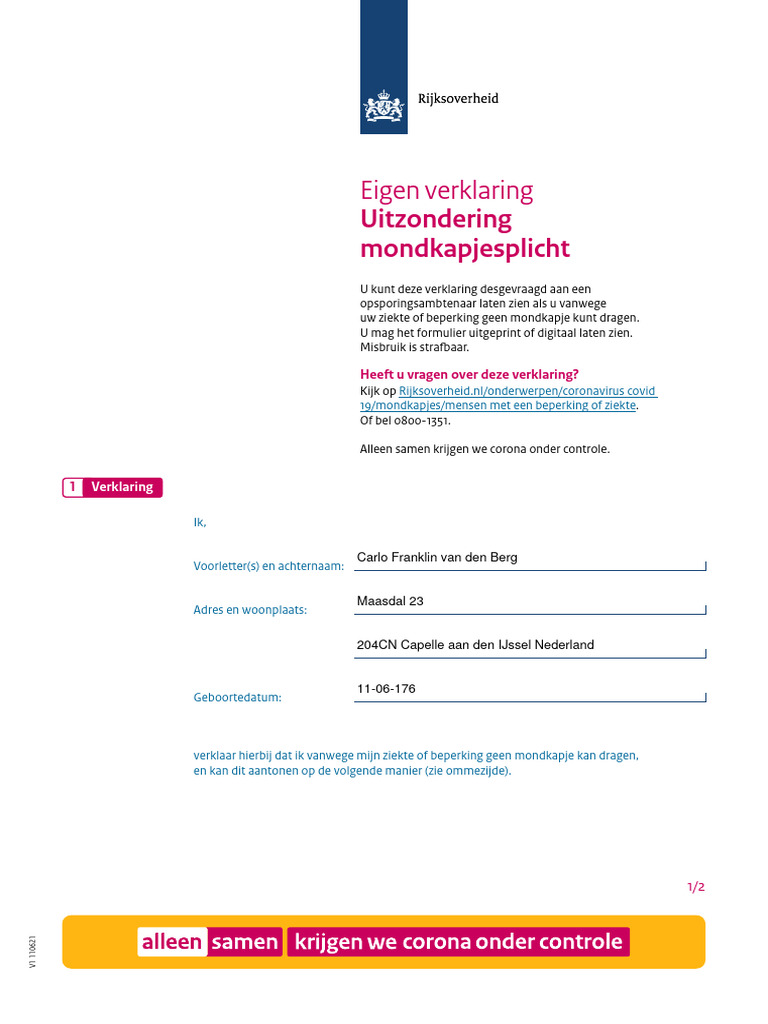 Verklaring Uitzondering Mondkapjesplicht | PDF