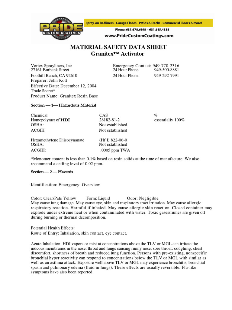 Granitex Activator and Resin MSDS Hi | PDF | Water | Physical Sciences