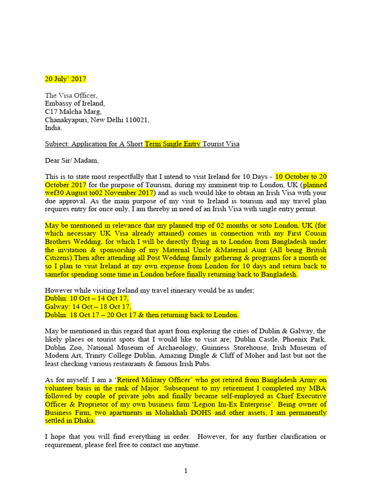 Sample Ireland Cover Letter | PDF | Travel Visa | Human Migration
