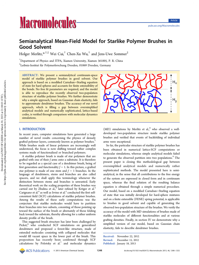 Semianalytical Mean-Field Model For Starlike Polymer Brushes in Good Solvent | PDF | Polymers ...