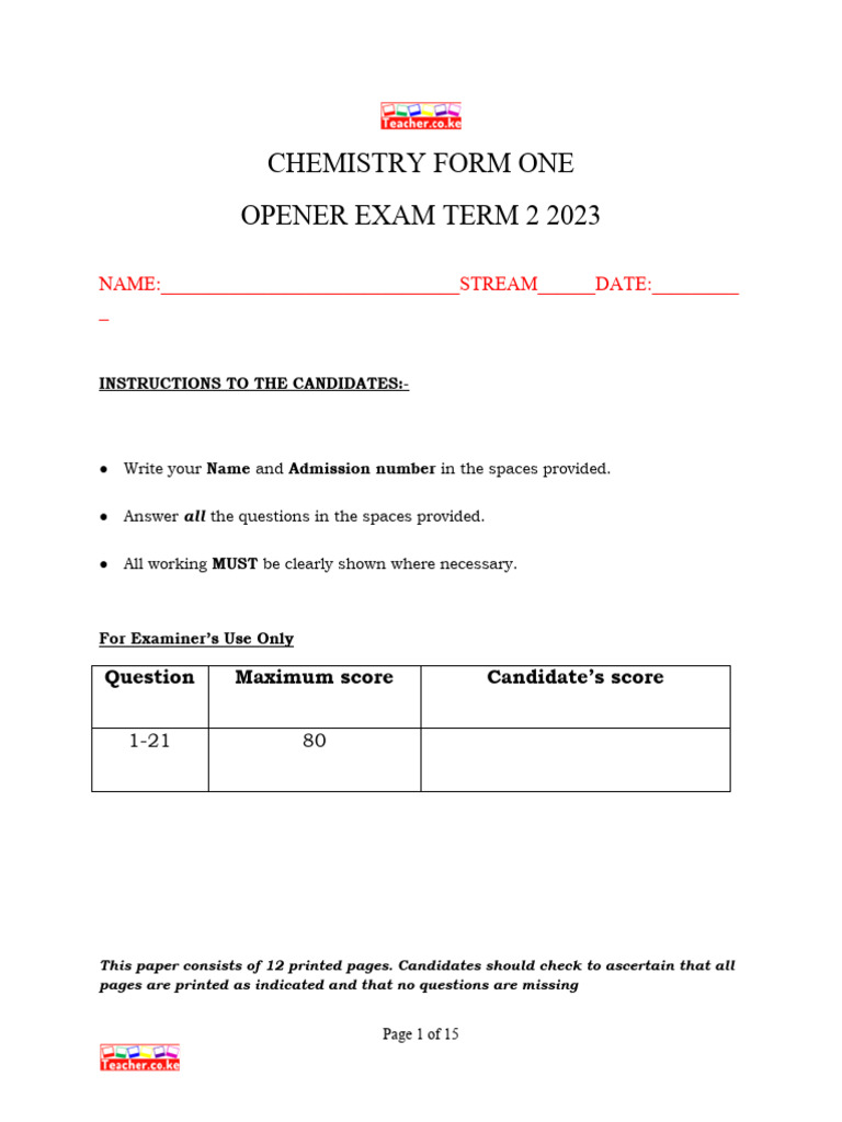 CHEMISTRY F1 QS Term 2 Opener 2023 | PDF | Crystallization | Solubility