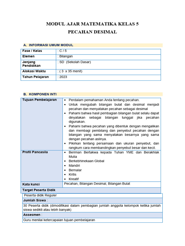 Modul Ajar Matematika Kelas 5 Bilangan | PDF | Karier & Perkembangan