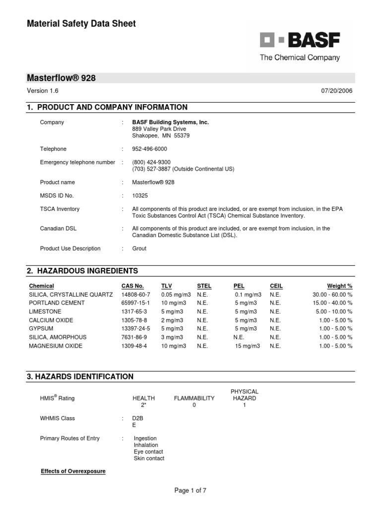 Masterflow 928 Msds | PDF | Silicon Dioxide | Water