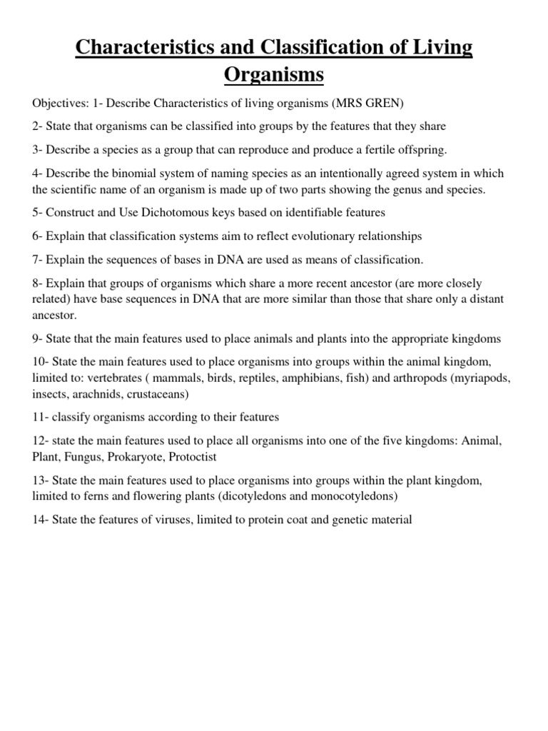 Characteristics and Classification of Organisms | PDF | Organisms ...