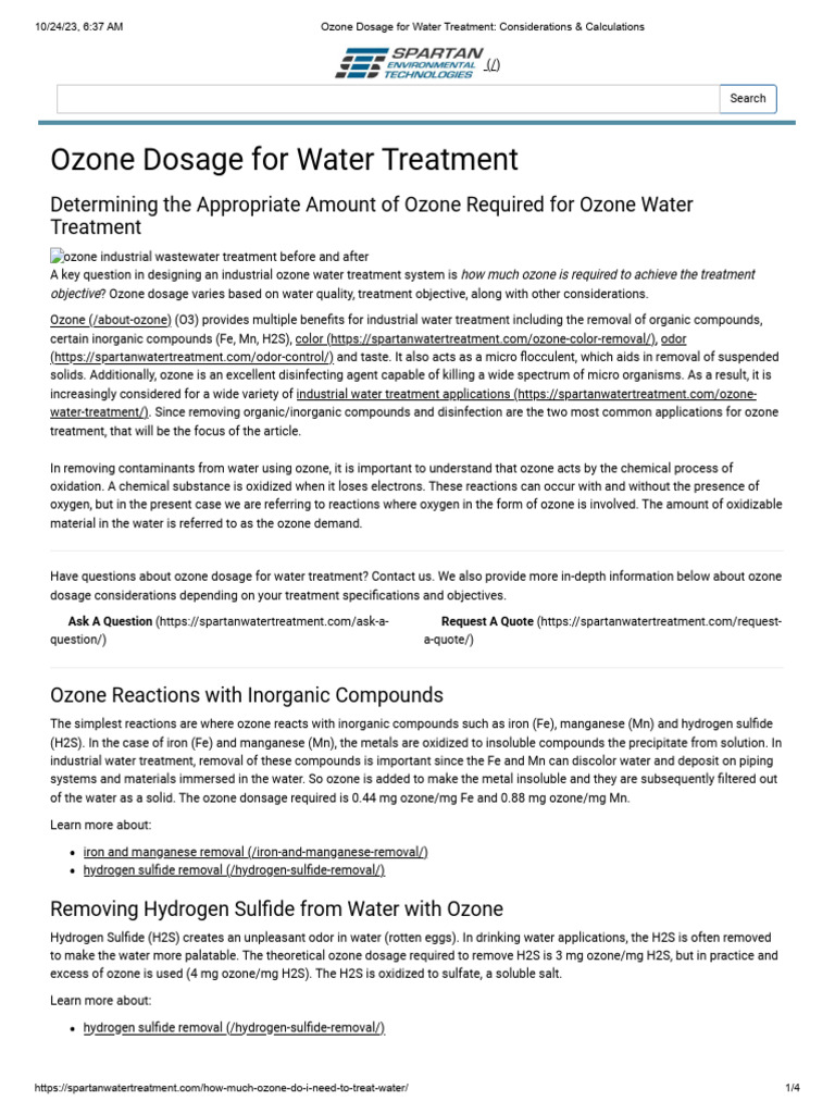 Ozone Dosage for Water Treatment Guide | PDF | Total Organic Carbon | Ozone