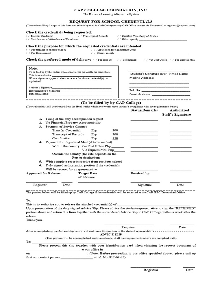 Cap College Foundation, Inc. Request For School Credentials: Check The Credentials Being ...