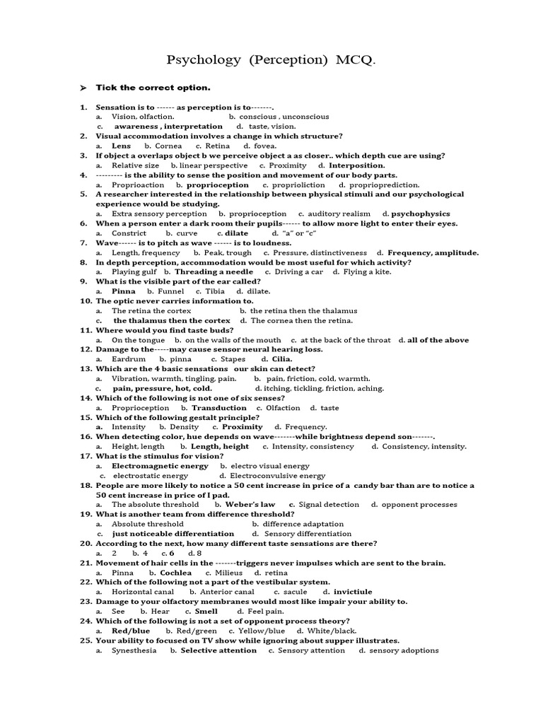 Psychology MCQs on Perception | PDF | Senses | Perception