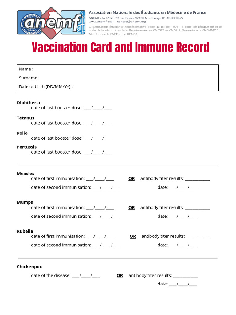 ANEMF Immunisation Record Template | PDF | Vaccines | Children's Health