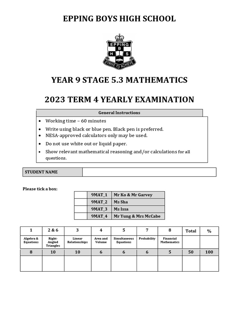 Year 9 Ebhs NSW Finals Paper | PDF | Mathematics | Mathematical Objects