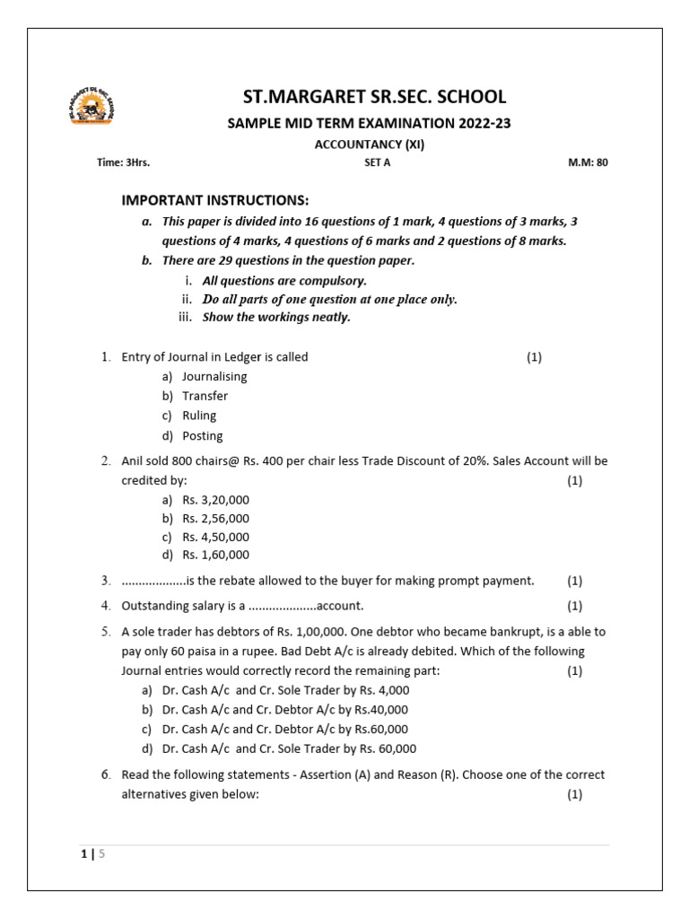 Sample Paper Xi Acc 2022 23 | PDF | Debits And Credits | Service Industries