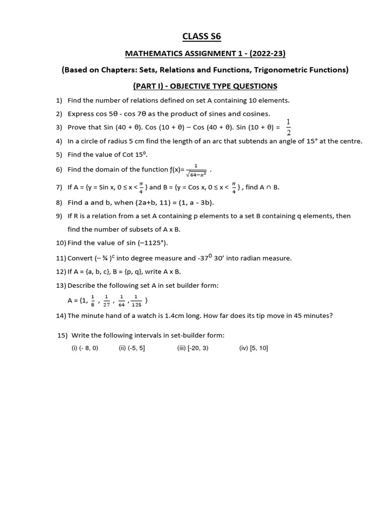 Class S6 Math Assignment 2022-23 | PDF | Trigonometry | Functions And Mappings