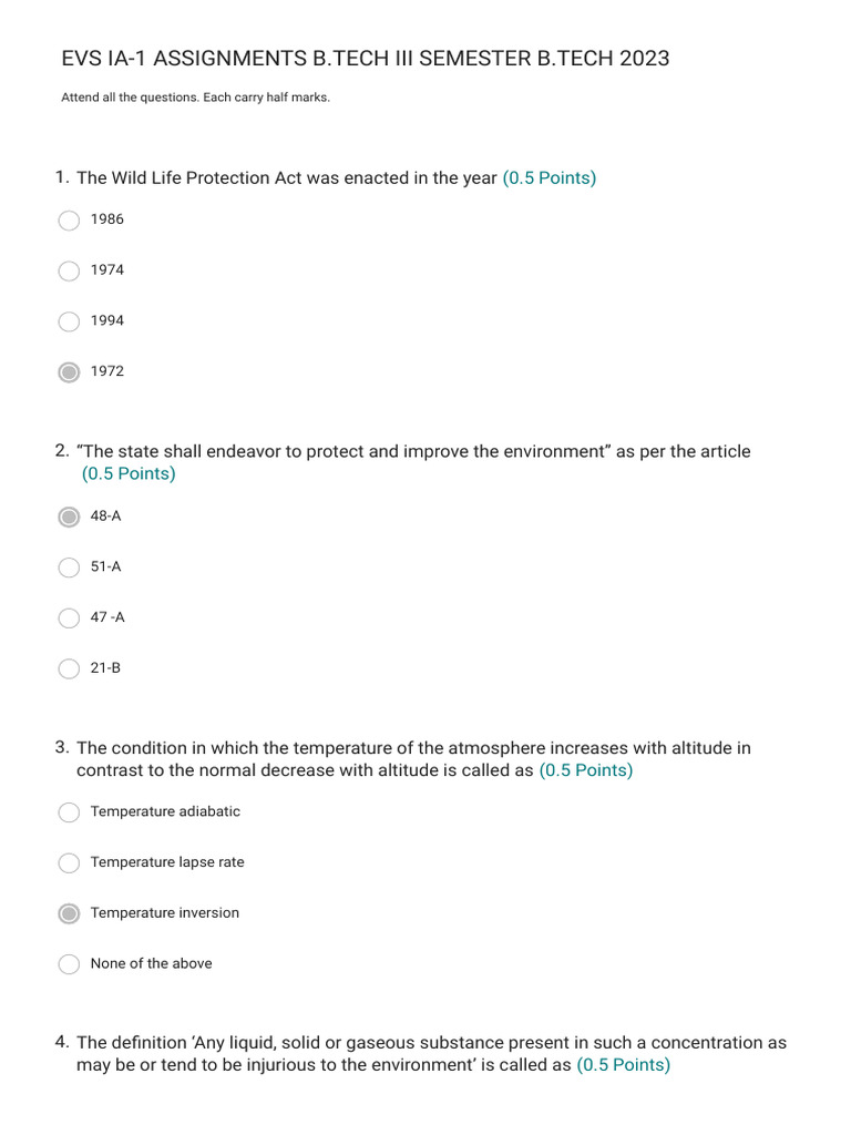 Evs Ia-1 Assignments B.tech Iii Semester B.tech 2023 | PDF | Ozone | Smog