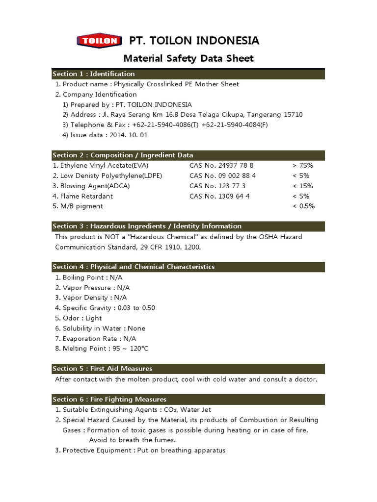 010 MSDS - Toilon (IXPE - Foam) | PDF | Materials | Polymers