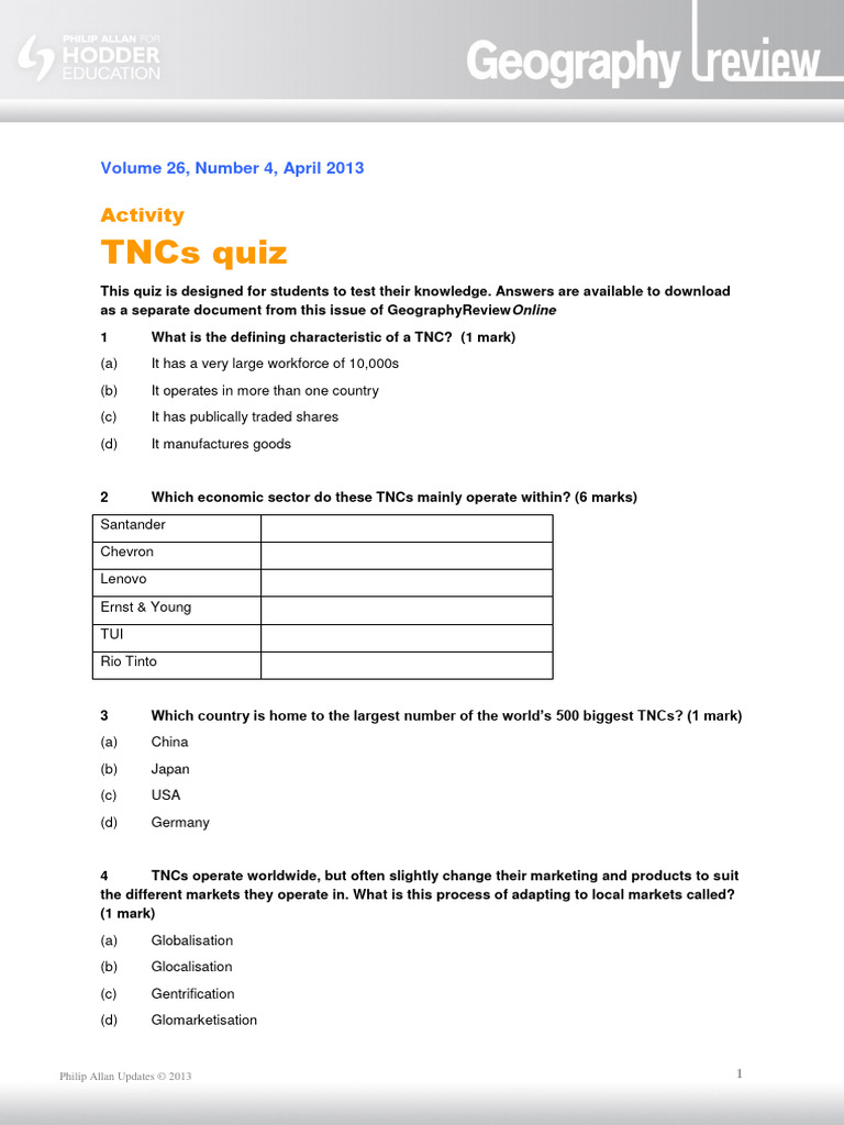 GeogRev26 - 4 TNC Quiz | PDF
