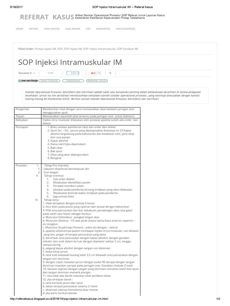 SOP Injeksi Intramuskular IM - Referat Kasus | PDF