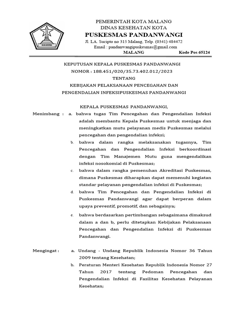 SK KEBIJAKAN PELAKSANAAN PENCEGAHAN DAN PENGENDALIAN INFEKSI 2023 (Siap Cetak) | PDF