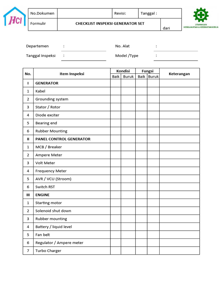 Checklist Inspeksi Generator Set | PDF | Technology & Engineering