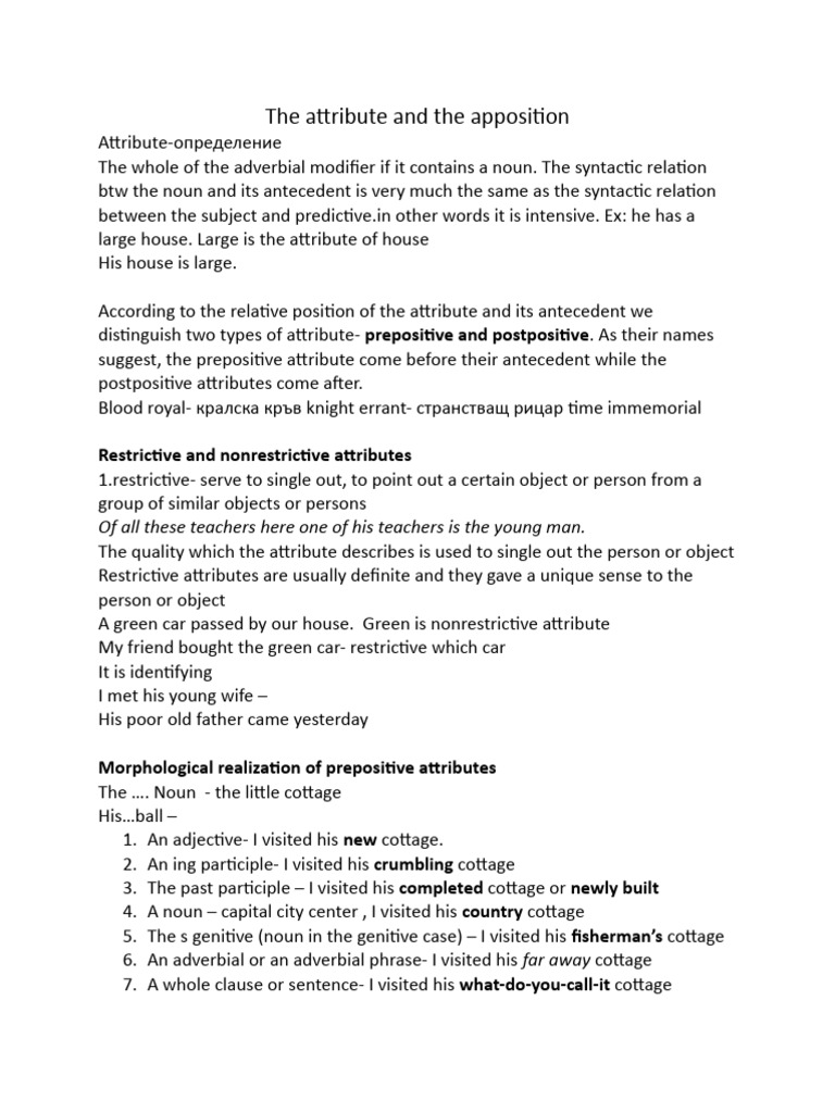 Understanding Attributes and Apposition | PDF | Adjective | Sentence ...